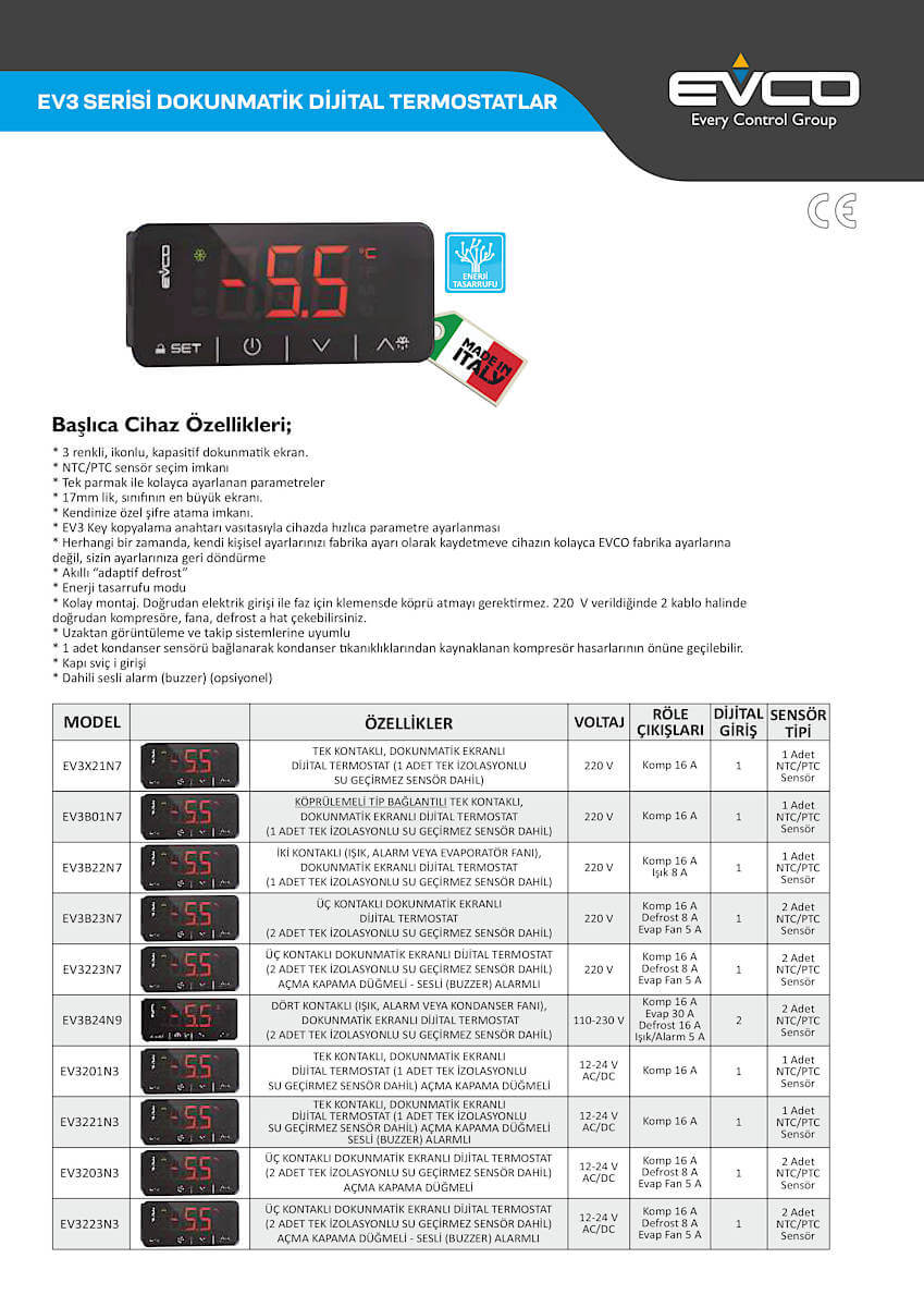 Evco EV3B23N7 Çift Prob Dokunmatik Dijital Termostat - Refcold